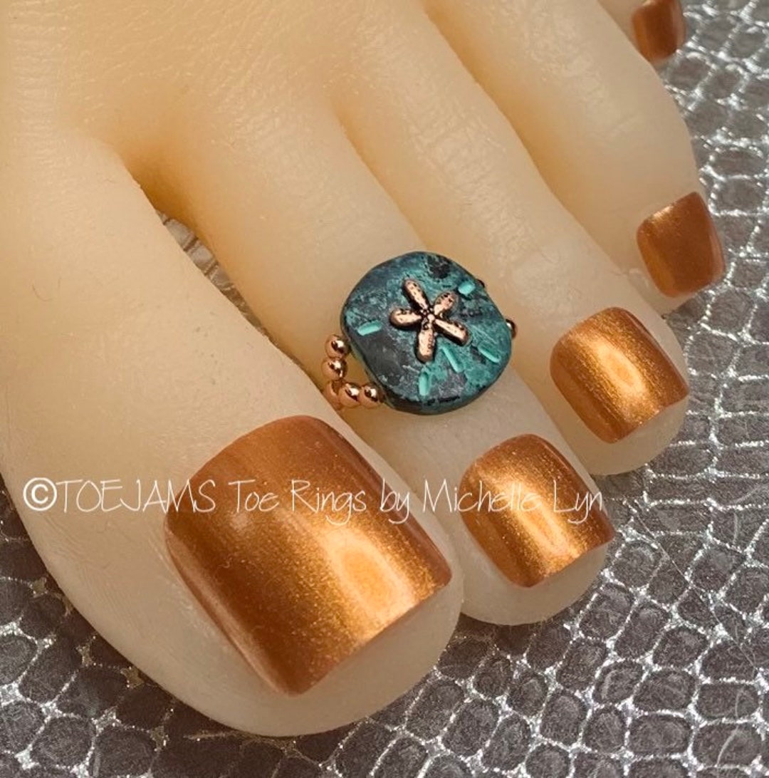 Patina With Copper or Gold Sand Dollar Toe Ring, Beaded Elastic Stretch ...