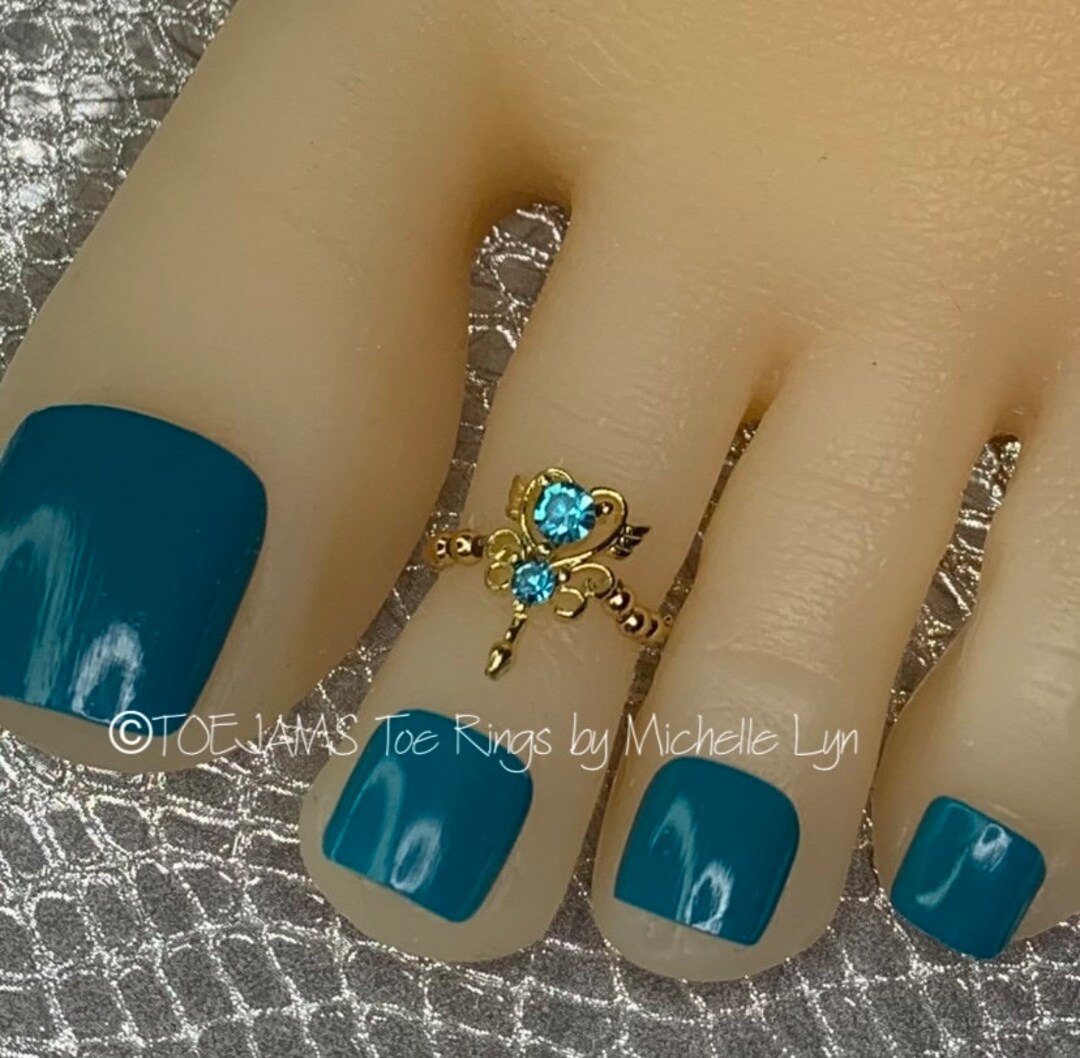 FAIRY WAND Gold/aqua Crystal Toe Ring, Stretch Elastic Beaded Band Toe ...