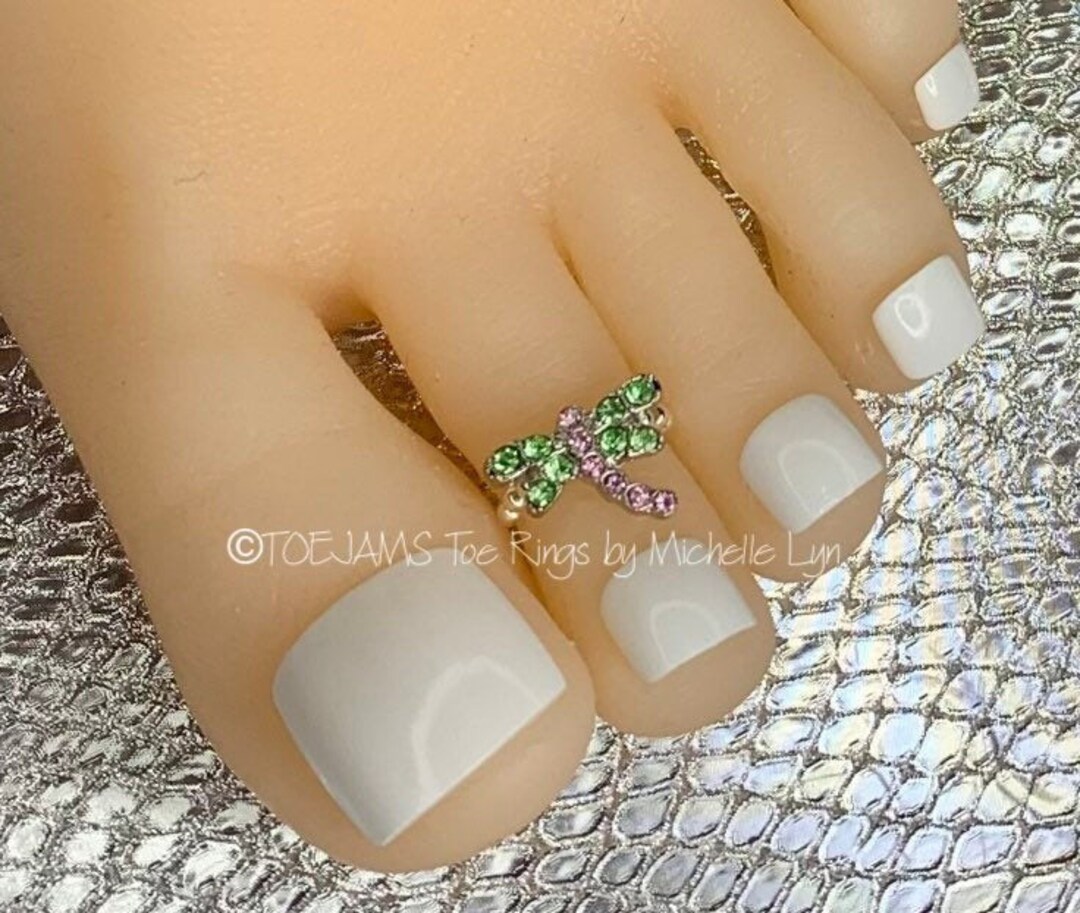Pink and Green Crystal Dragonfly Beaded Stretch Elastic Toe Ring ...