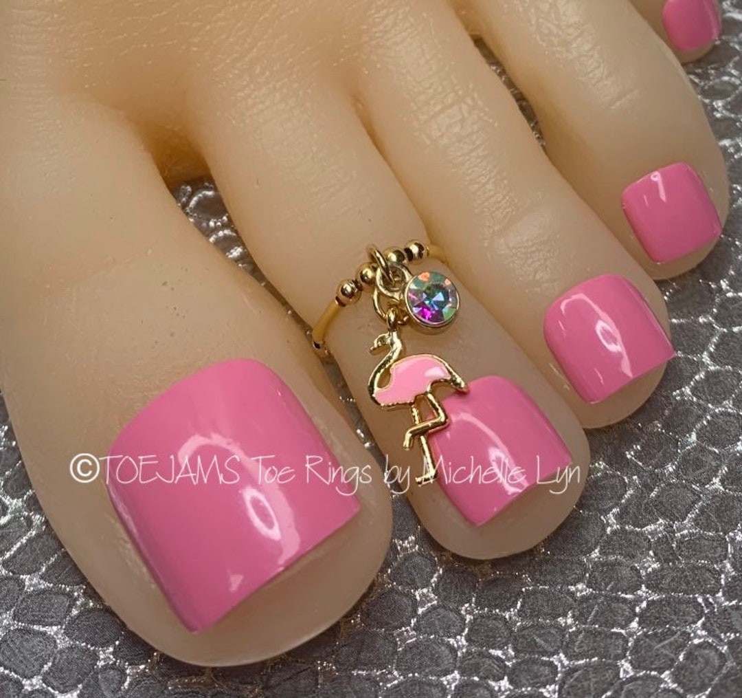 Pink Flamingo and Crystal Dangle Toe Ring, Stretch Elastic Toe Ring ...