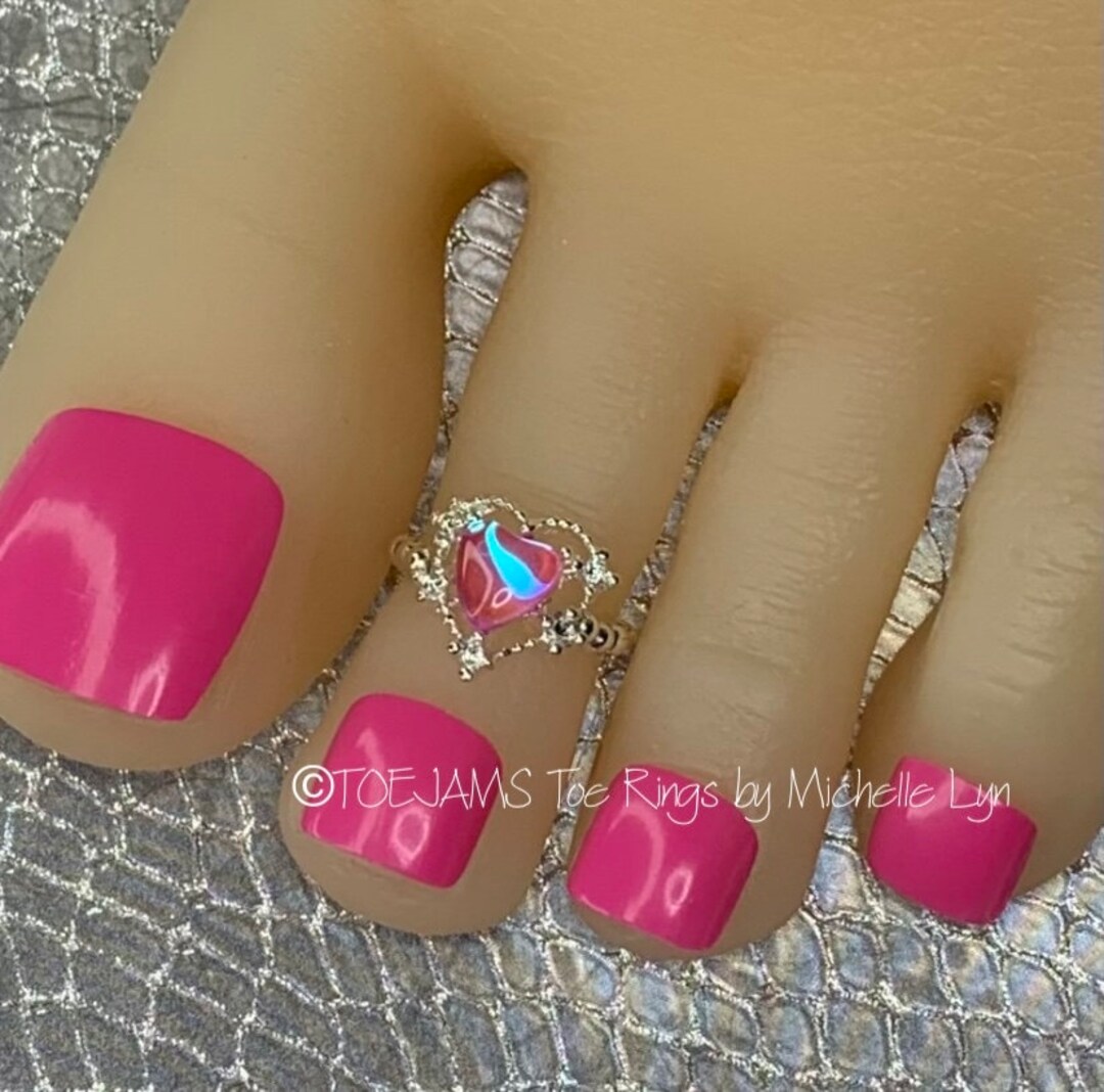 HEART Silver/pink Iridescent Heart Charm Toe Ring, Dainty Feminine ...
