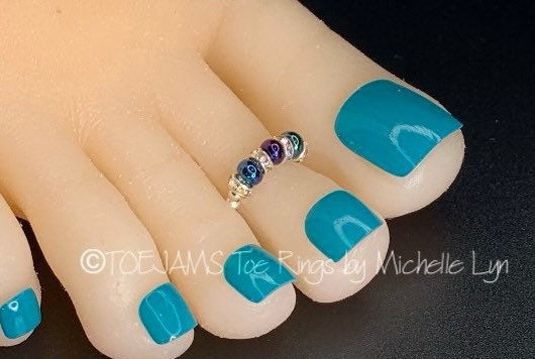Iridescent Witchberry Blue Green Aqua Gold Beaded Toe Ring, Elastic ...