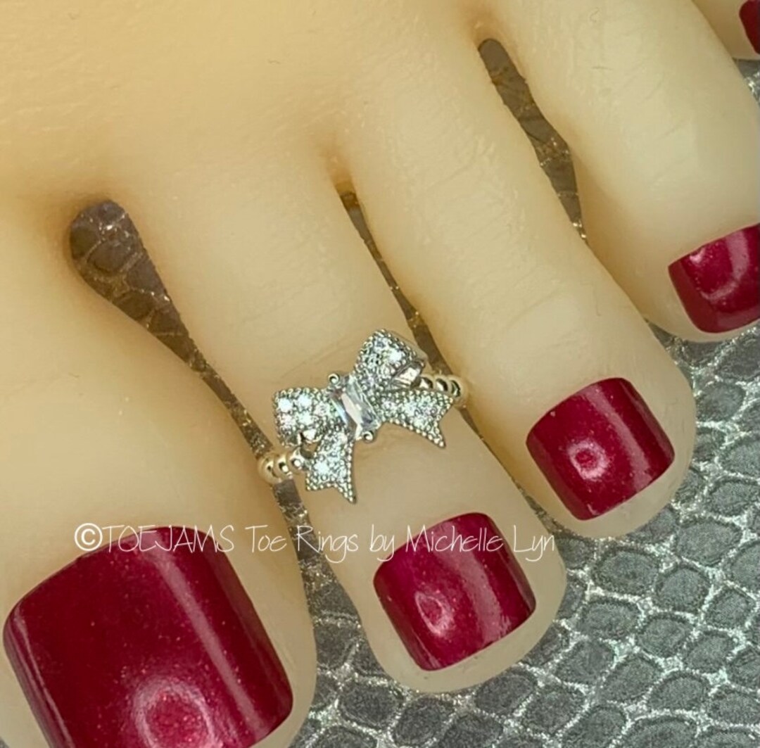 BOW Silver Ribbon/clear Crystal Toe Ring, Stretch Elastic Beaded Band ...
