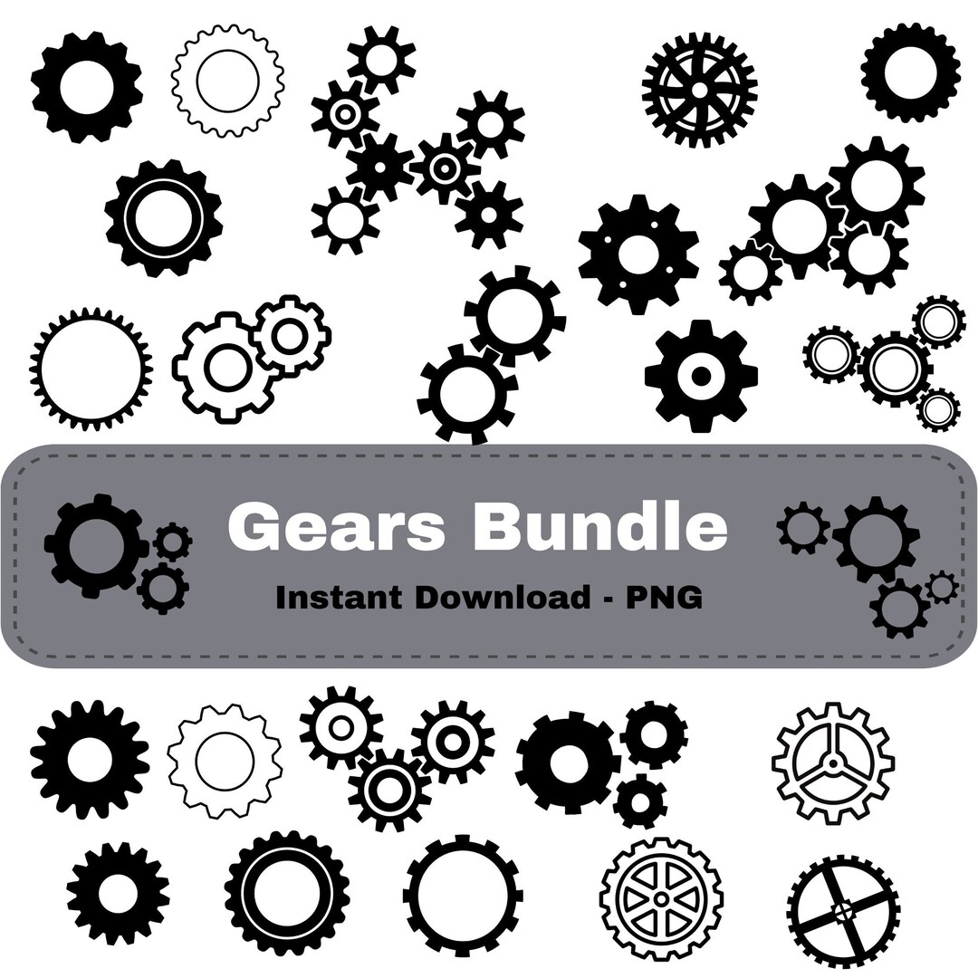 Gears Bundle Transparent Background PNG Black Gear Instant Digital ...
