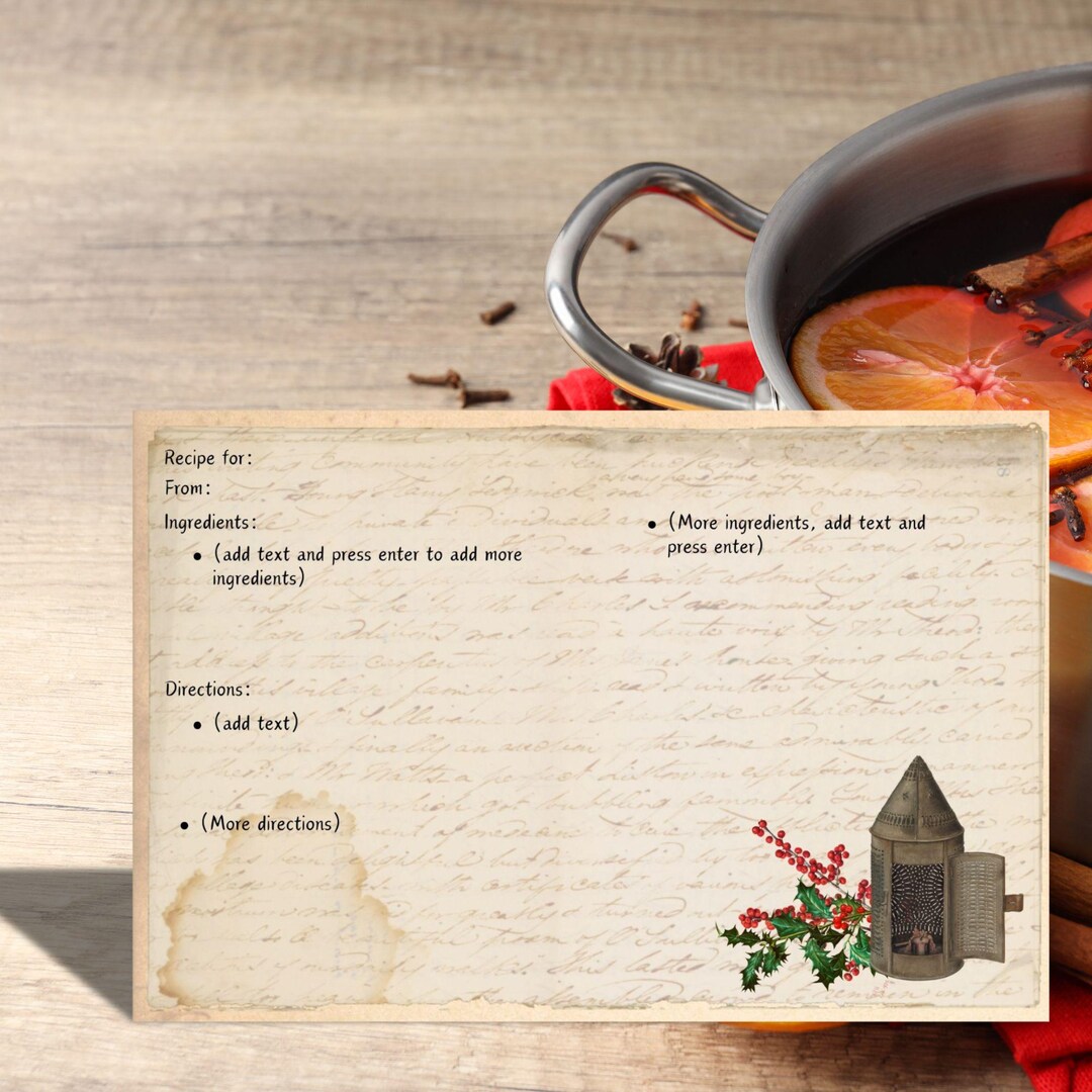 Christmas Recipe Card Template for Canva, Lantern, Holly, and Red ...