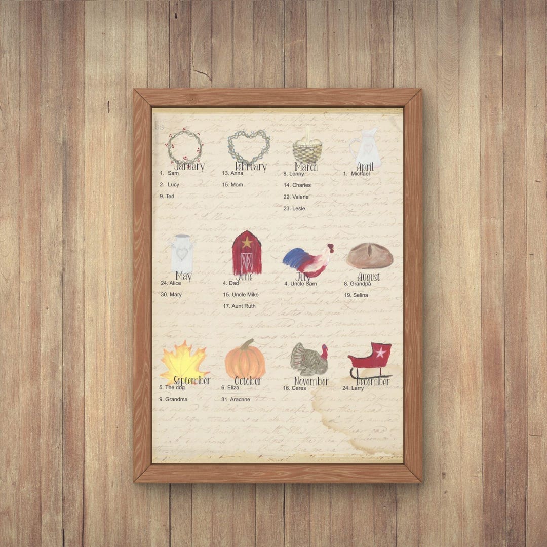 Primitive Birthday Calendar Template Wall Hanging Farmhouse Country ...