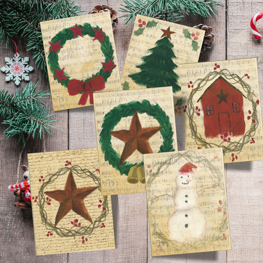 Primitive Christmas Cards Printable Two Sizes - Etsy