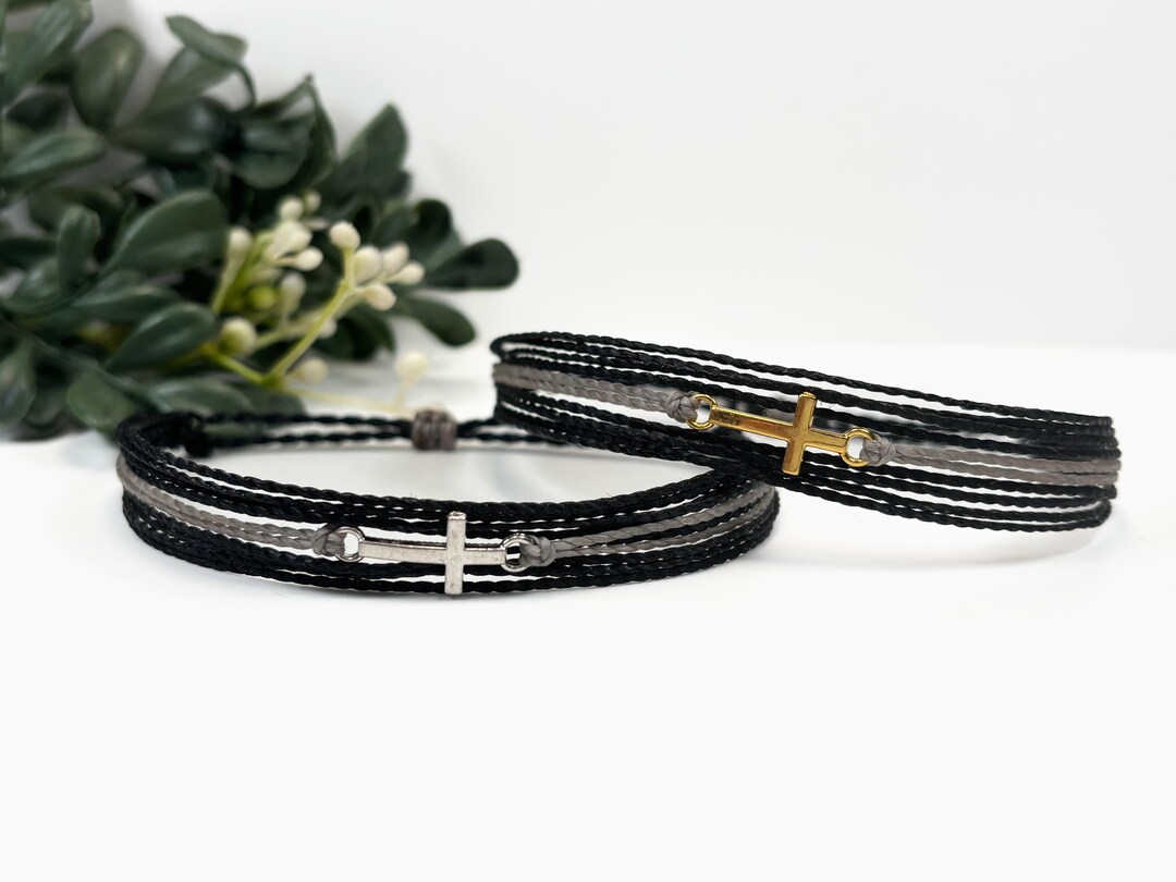 Thin Grey Line Christian Cross Charm Adjustable Bracelet for ...