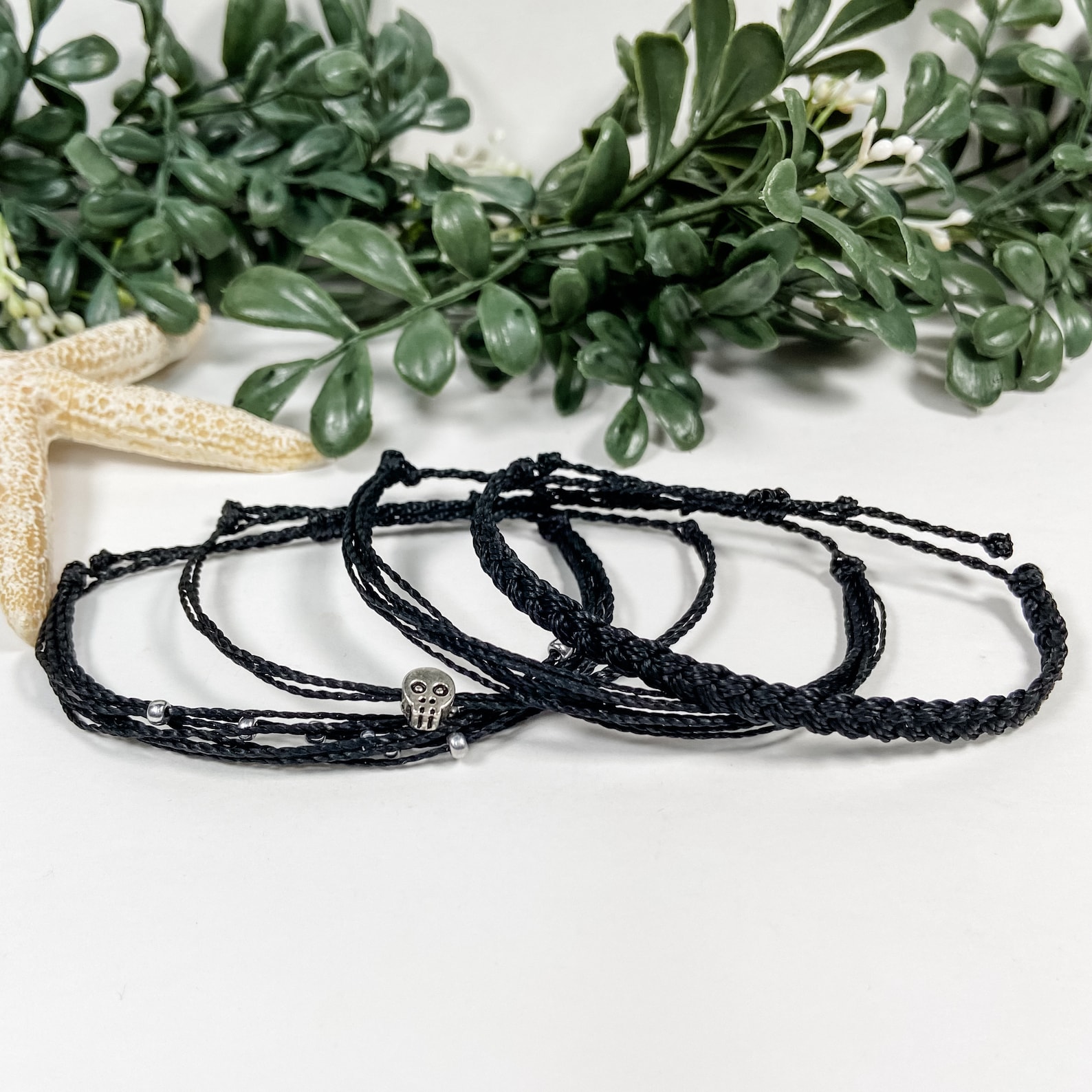 Black Gothic Skull Bracelet Set | Adjustable Waterproof Wax Cord String ...