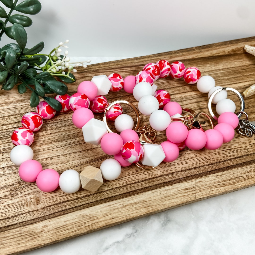 Silicone Bead Wristlet, Pink Stretchy Beaded Keychain, Elastic Key Ring ...