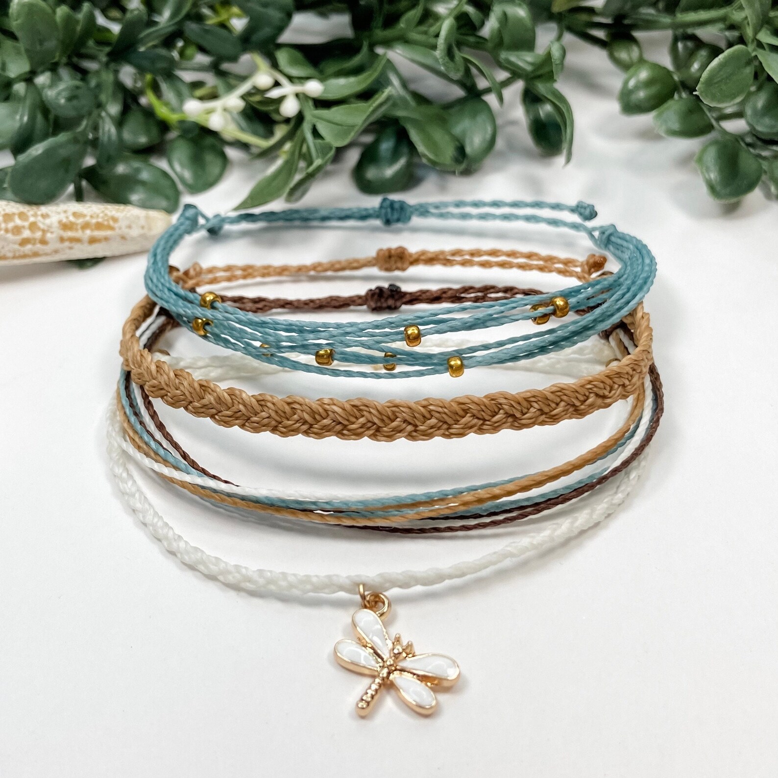 Dragonfly Charm Adjustable String Bracelet Set | Waterproof Wax Cord ...