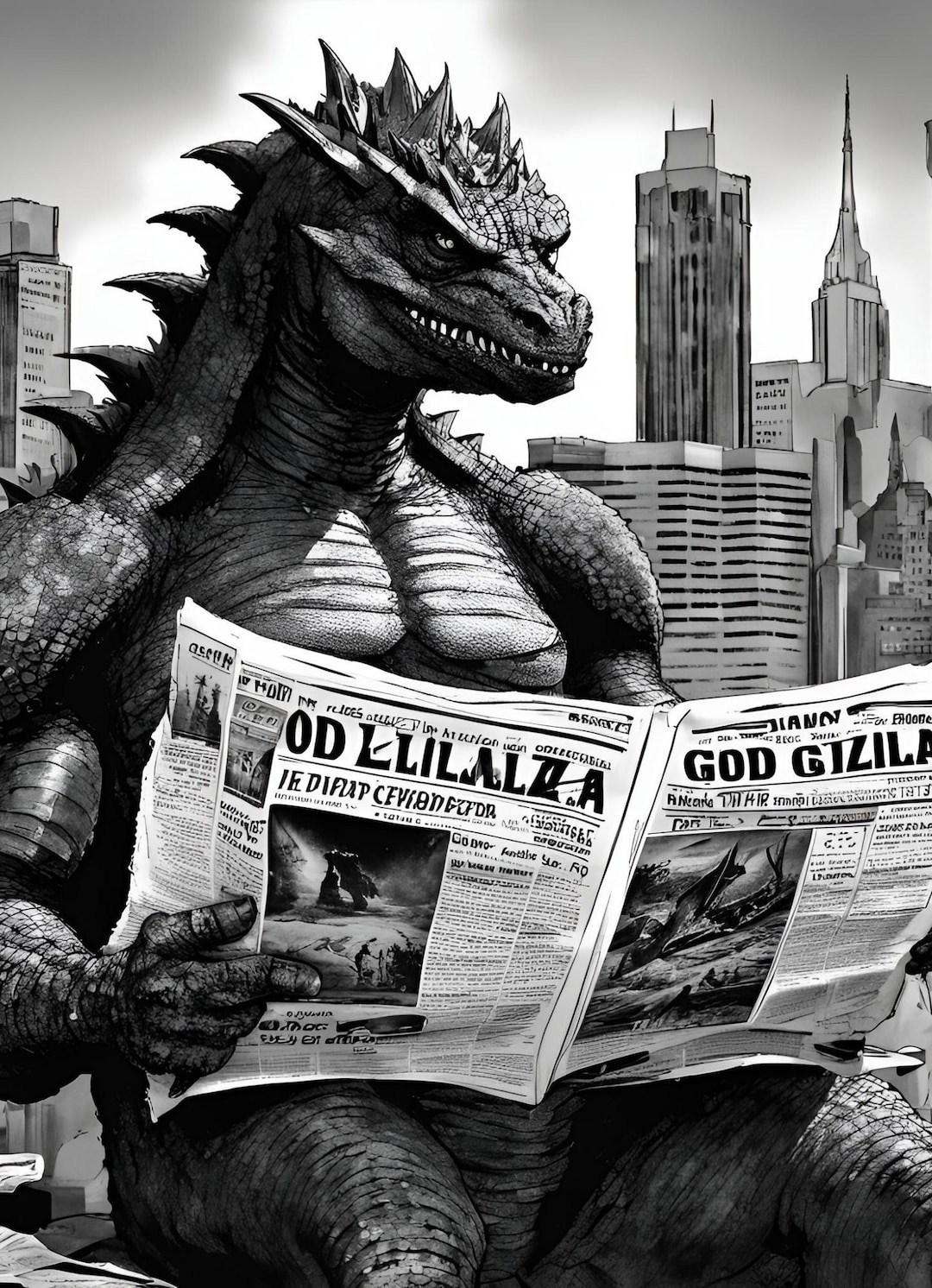 Godzilla Reading a Newspaper 300dpi Digital Download Gift, Poster ...