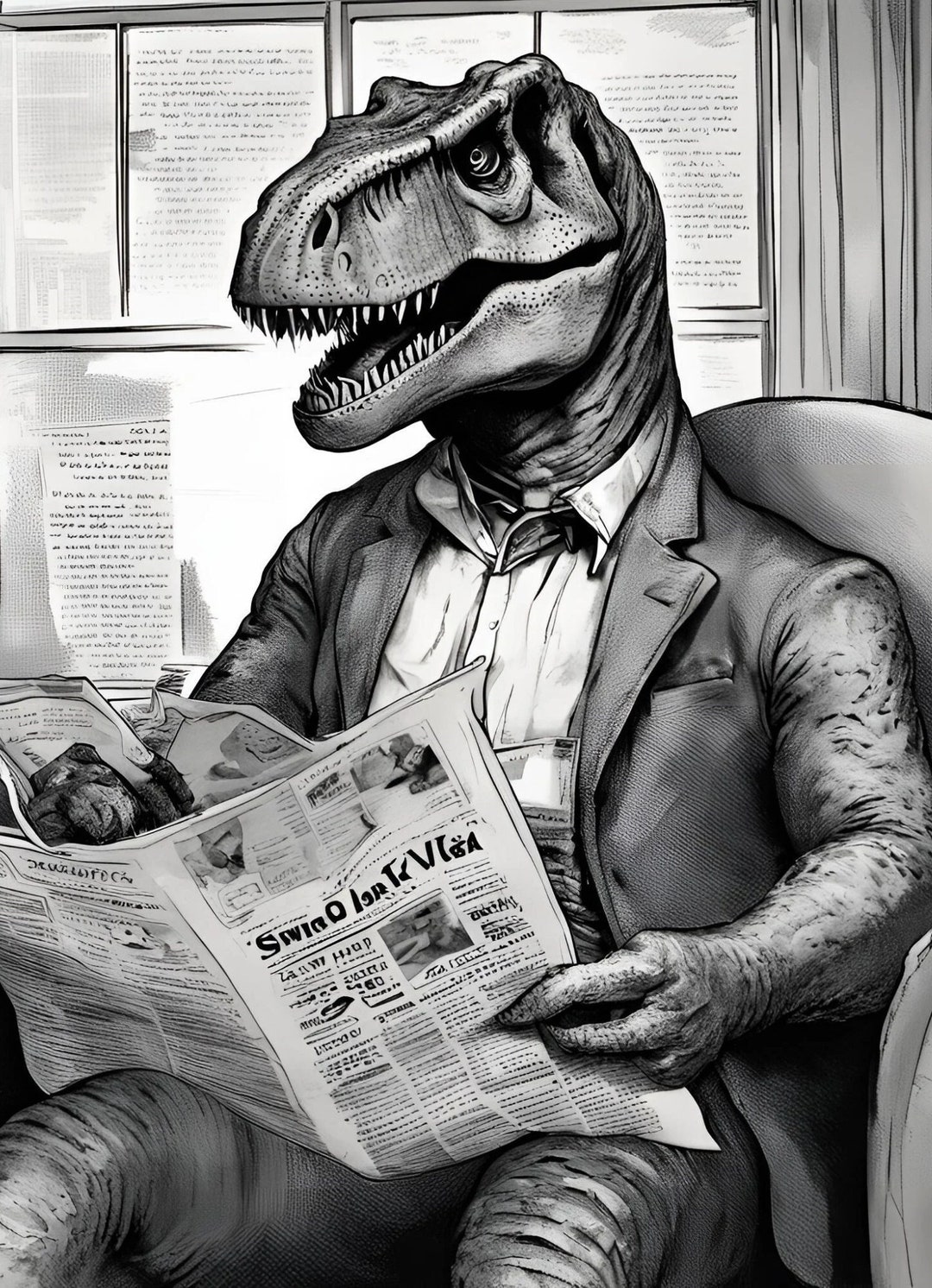 Tyrannosaurus Rex Reading a Newspaper 300dpi Digital Download Gift ...