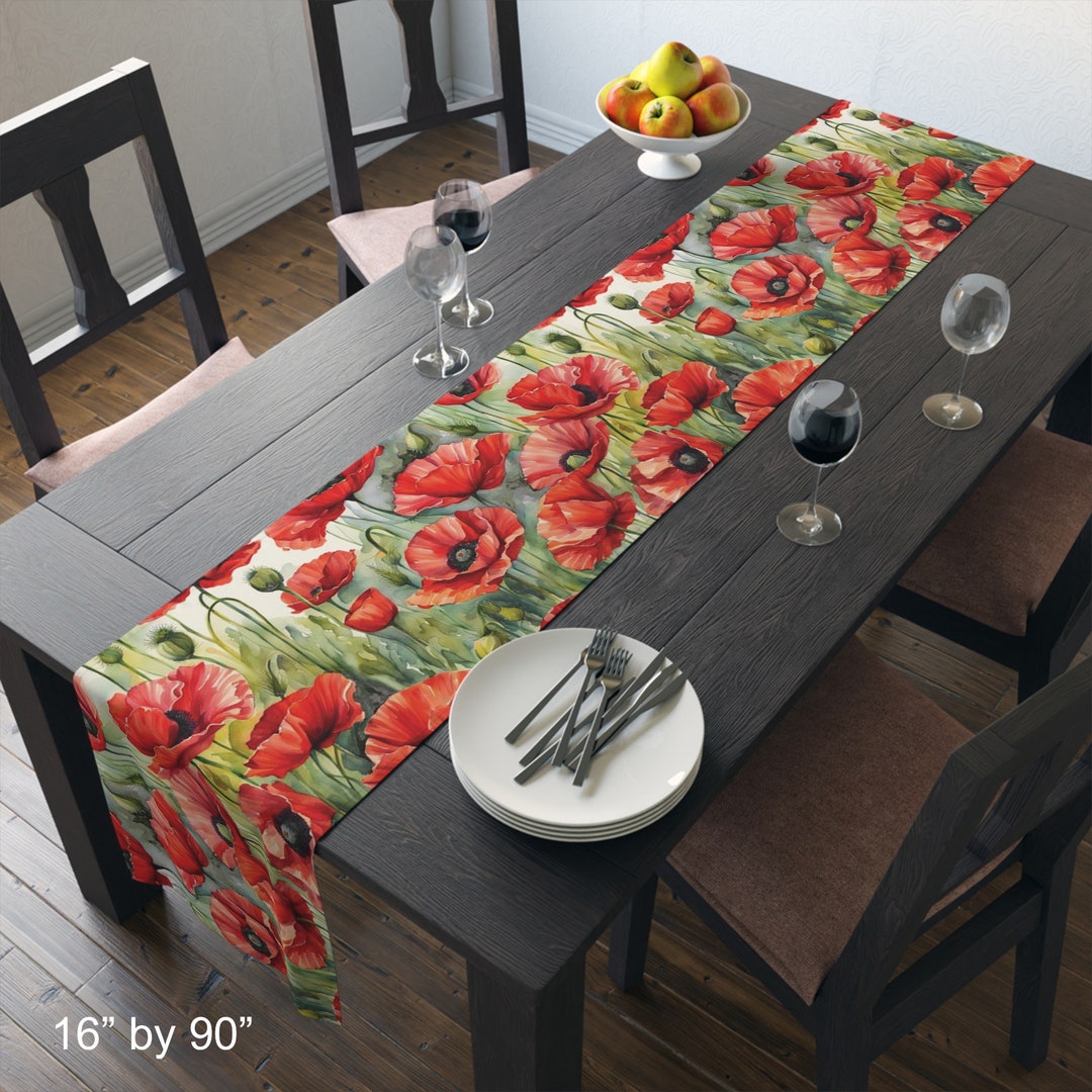 Red Poppy Flower Pattern Table Runner, Personalized Farmhouse Decor ...