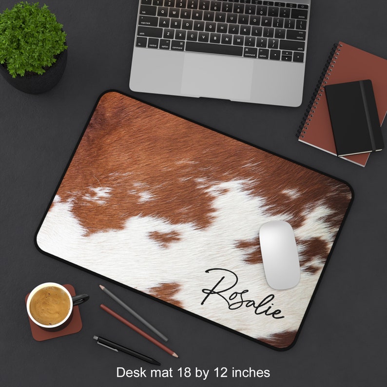 Cowhide Print Personalized Desk Mat, Brown Office Decor - Etsy