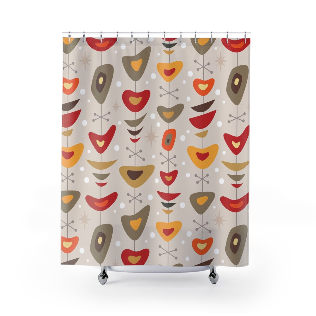 Mid Century Modern Pattern Shower Curtain, Red Orange Yellow Vintage ...