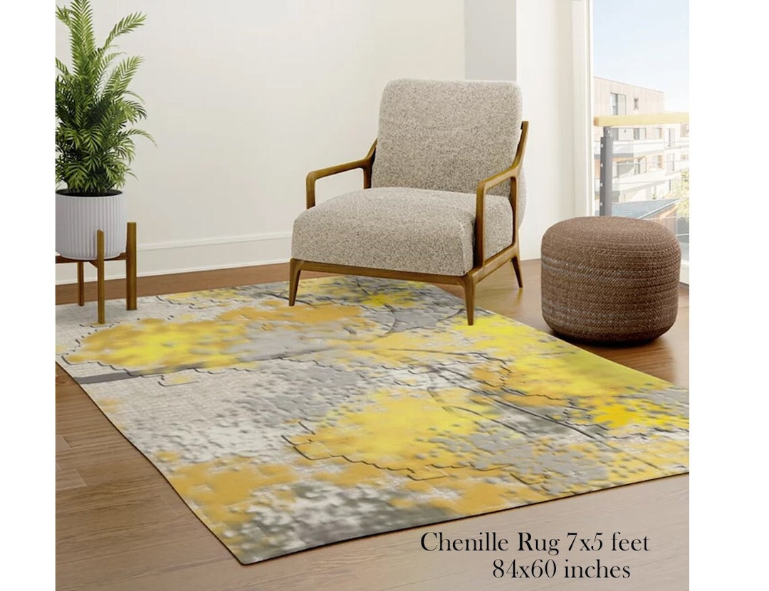 Yellow Gray Abstract Trees Chenille Area Rug, Boho Dorm Decor - Etsy