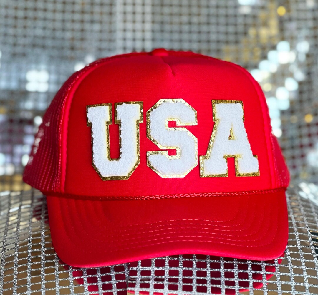 USA Chenille Letter Patch Trucker Hat | Red Bold USA Hat | Blue USA Cap ...