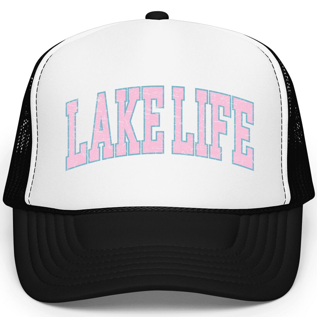Lake Life Trucker Hat for Women & Teens | Cute Pink and Blue Bold Font ...
