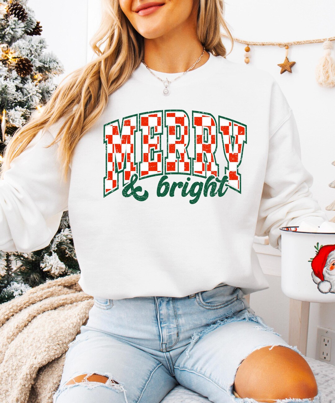Checkered Merry and Bright Sweatshirt for Women and Youth Girls ...