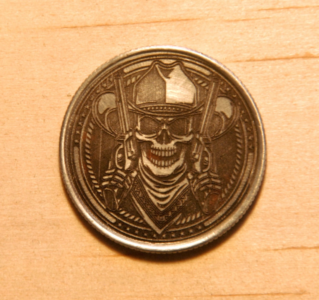 Engraved Hobo Nickel Coin (US Quarter) Skull Cowboy Gunslinger, Lucky ...