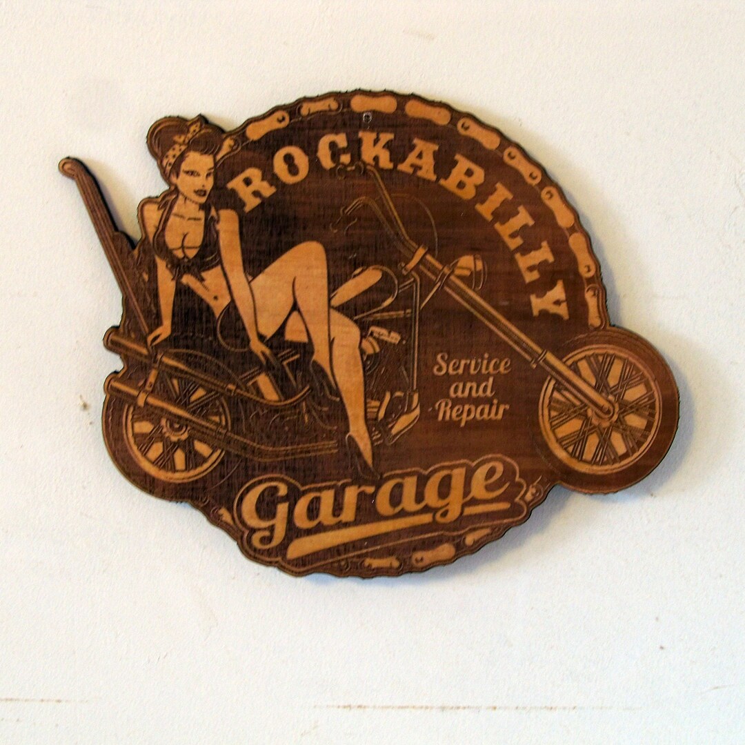 Rockabilly Garage Laser Engraved Wood Sign Decor Motorcycle Chopper ...