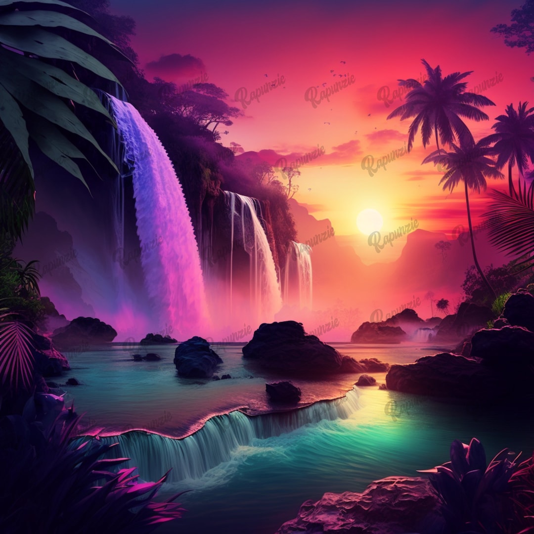 Tropical Sunset Background Png Sublimation Design, Waterfalls Colors ...