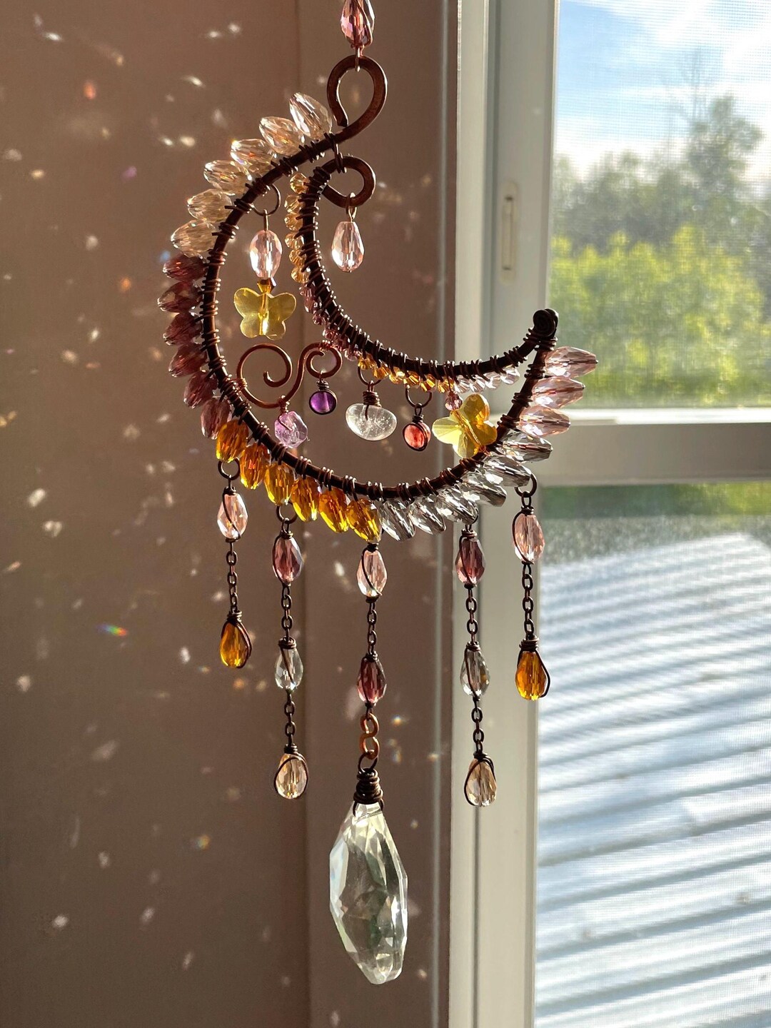 Crystal Mooncatcher, Copper, Glass & Gemstone Suncatcher, Rosey ...
