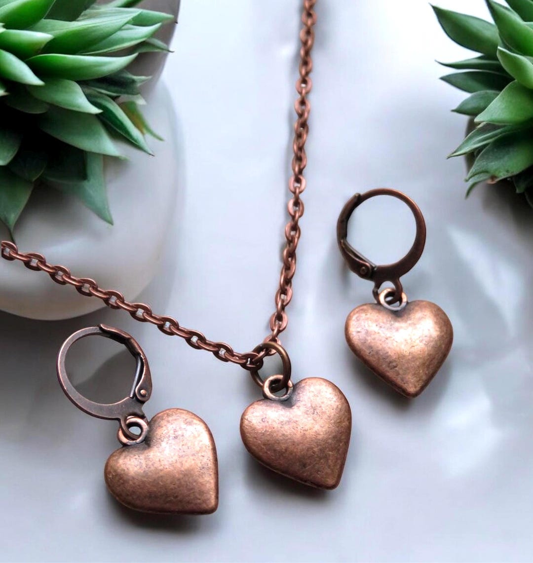 Copper Heart Charm Necklace & Earrings Set, Heart Earrings and Necklace ...