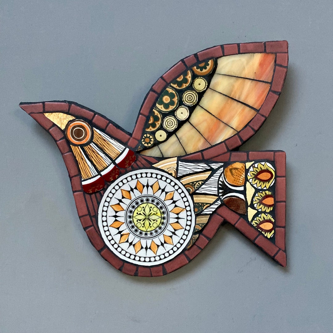 Abstract Mid Century Mosaic Bird in Flight, Retro China Bird in Browns ...