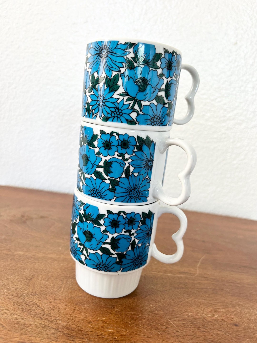 60s FLORAL STACKING MUGS / Mcm Vintage Stacking Mugs Made in Japan ...