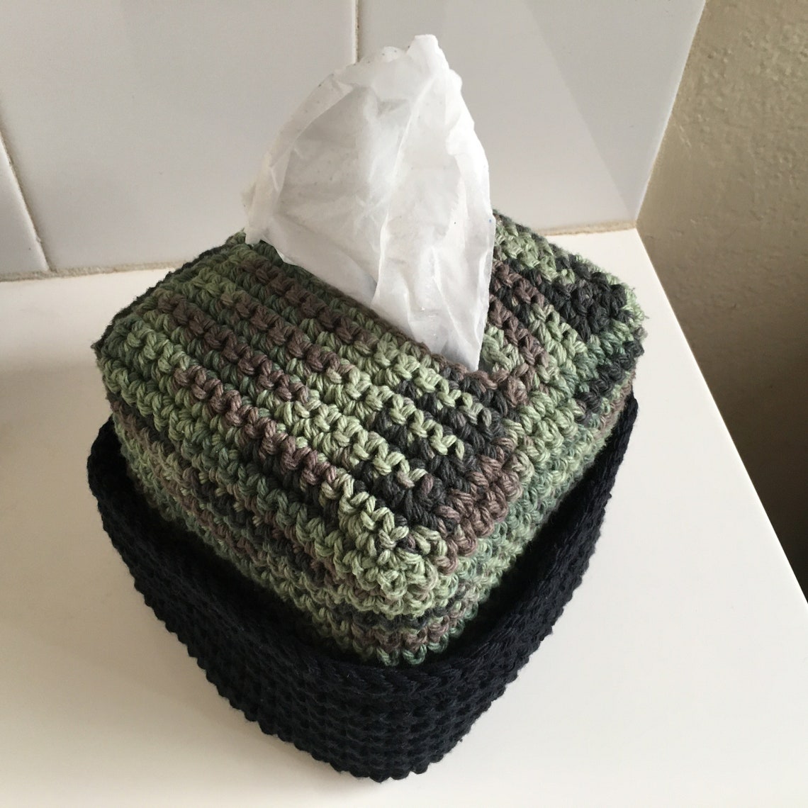 Crochet Tissue Box Cover Organizer in Cotton Yarn. Camo Tissue | Etsy
