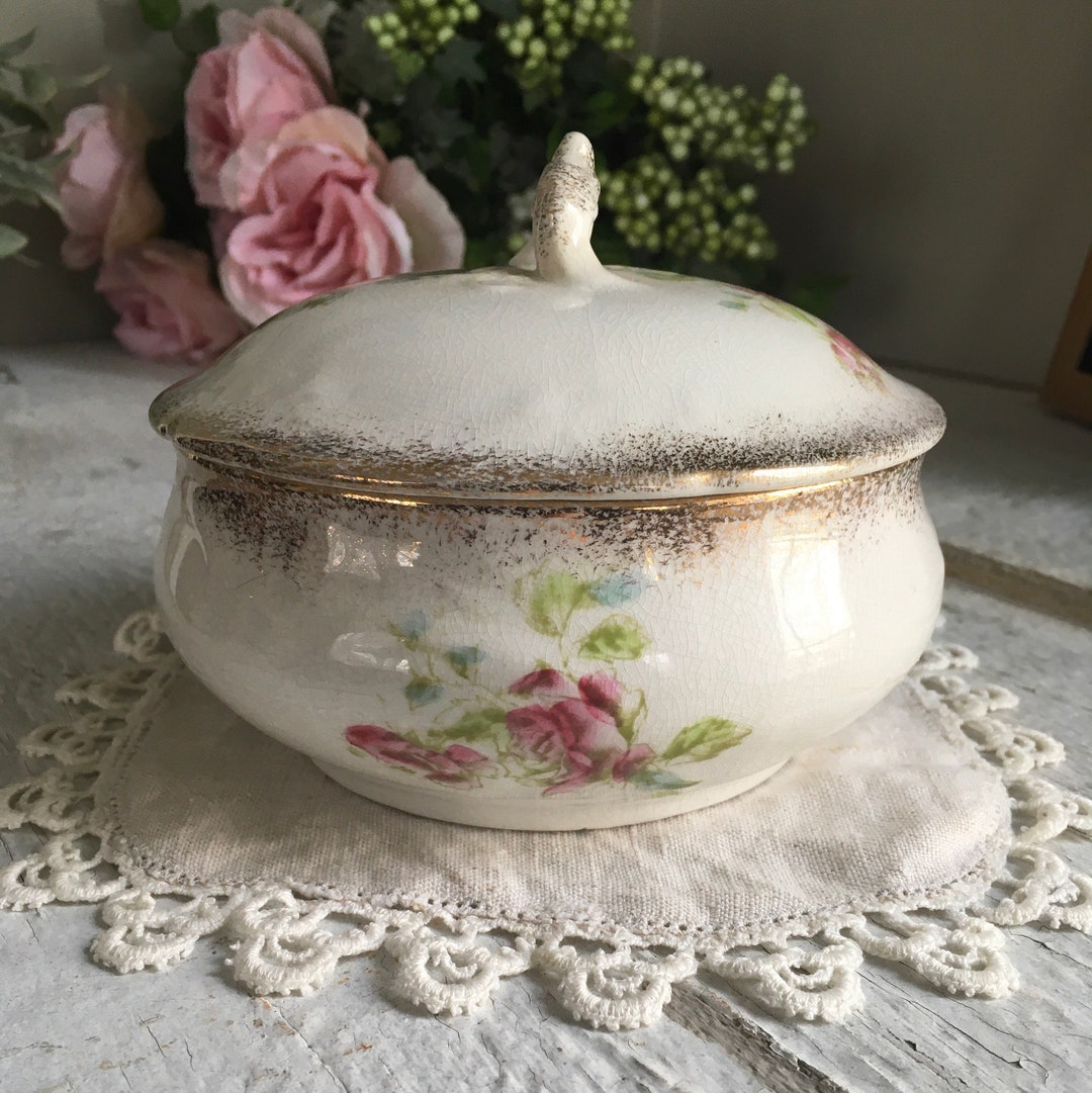 Antique WHEELING POTTERY 1800s Antique White Powder Jar Vintage China ...