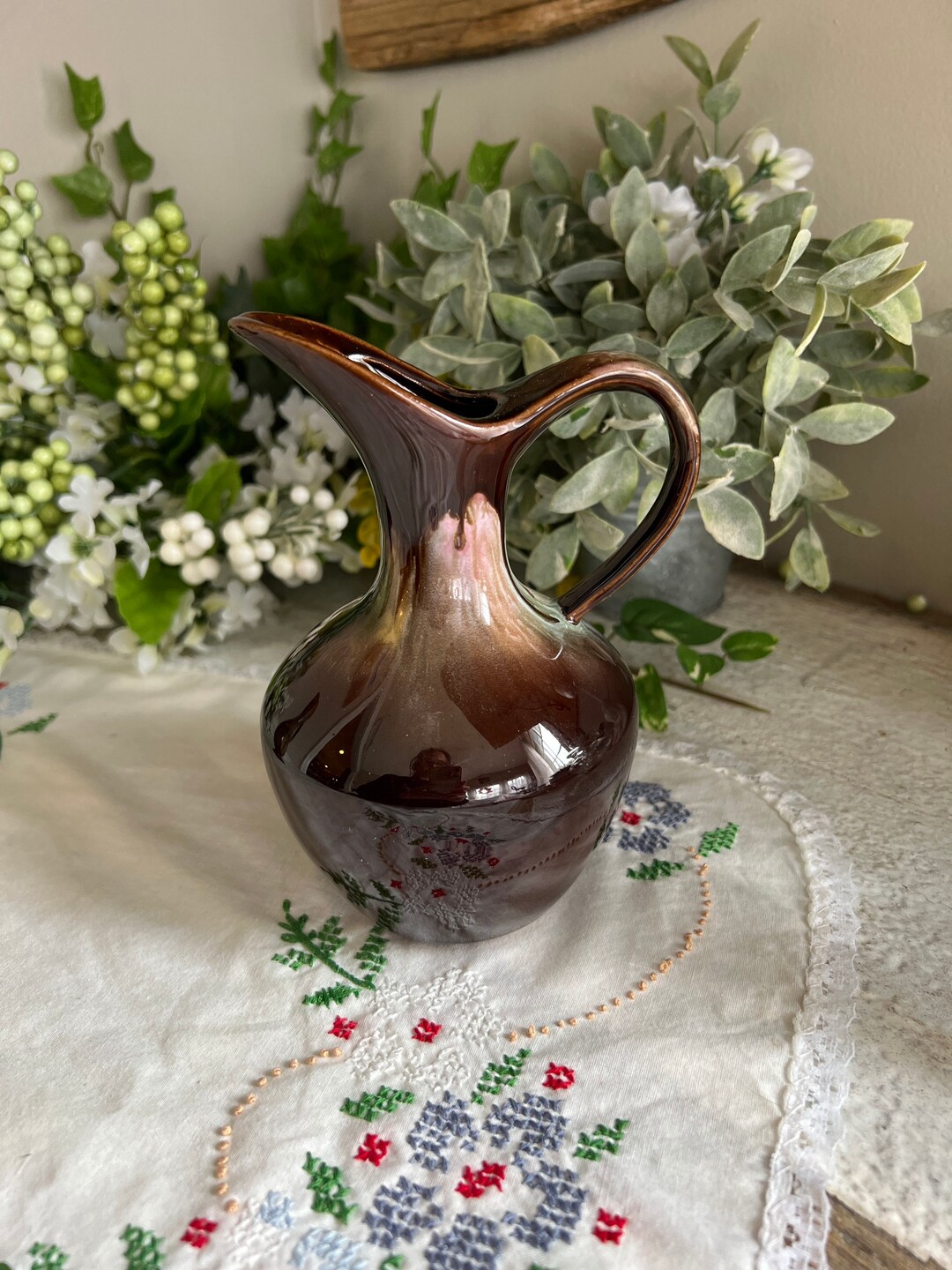Dryden Vintage Pitcher Vase, Ceramic Art, Brown & Pink Pottery, Hand ...