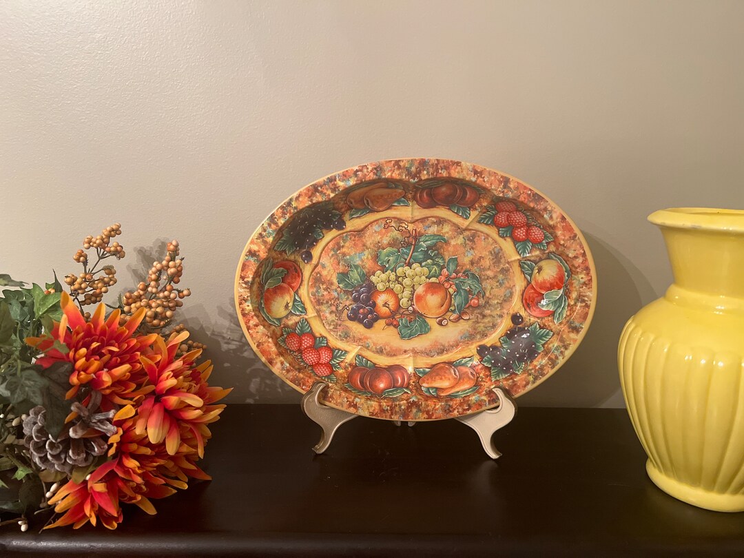 VINTAGE Metal Litho Daher Oval Serving Bowl, Pimpkin Orange Floral ...