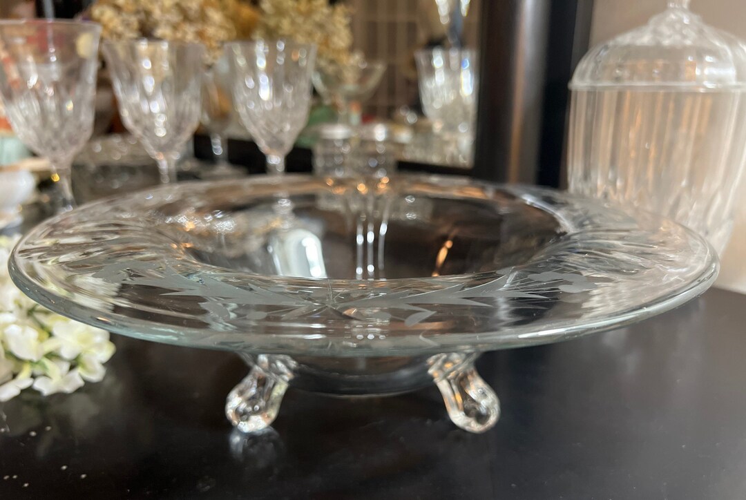STUNNING Glass Footed Bowl, Etched Glass, Round Footed Bowl, Vintage ...