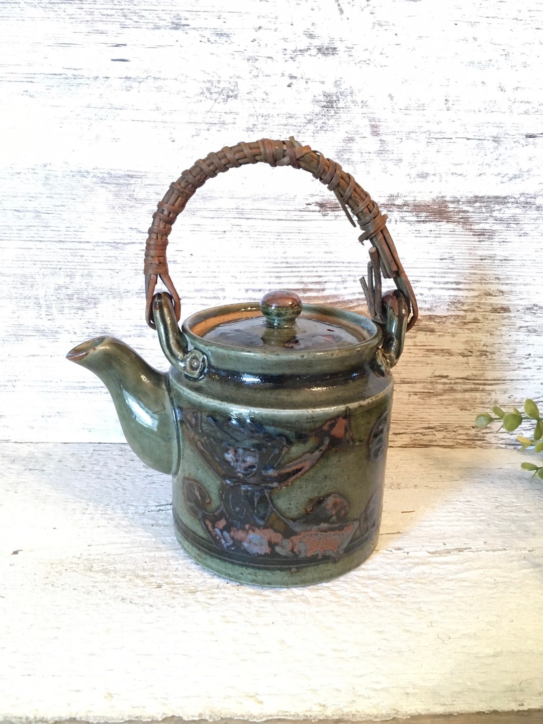 PRIMITIVE Rustic Pottery Teapot, Rustic Ceramic Pottery- Olive Green ...