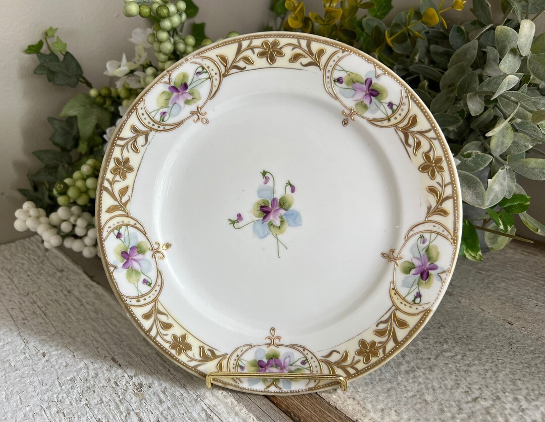 Rare NIPPON ANTIQUE PLATE, Purple Violets & Jadeite Green Hand Painted ...