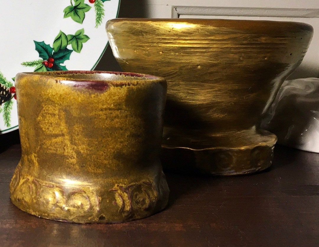 VINTAGE GOLD PLANTERS, Ceramic Planter Set, Rustic Pottery, Gold Home ...