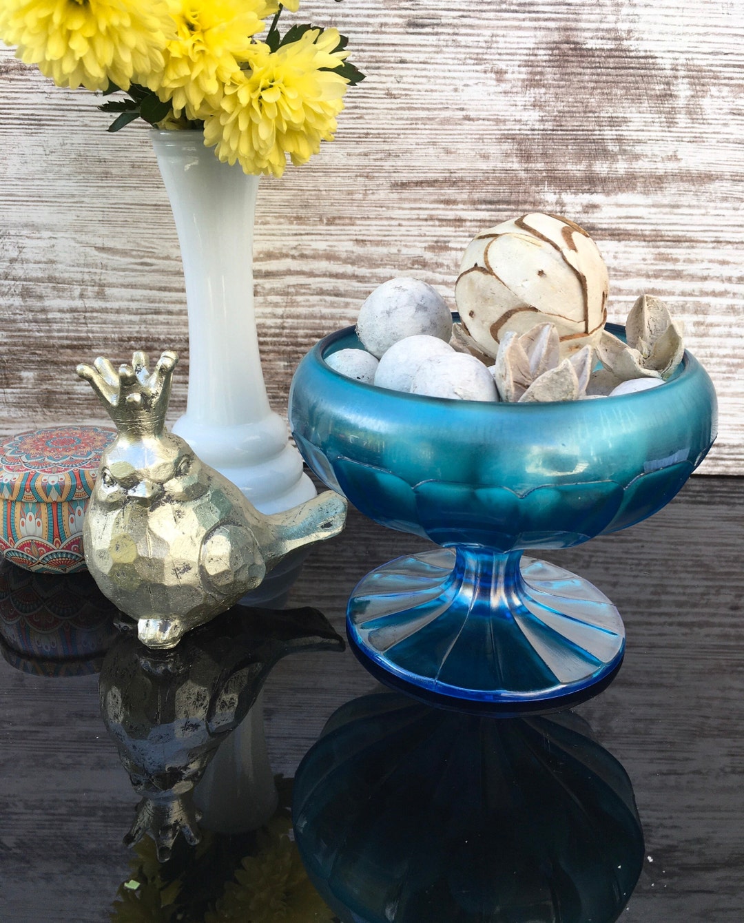 Vintage Blue Compote With Pedestal, Frosted Blue Ribbed Glass, Blue ...