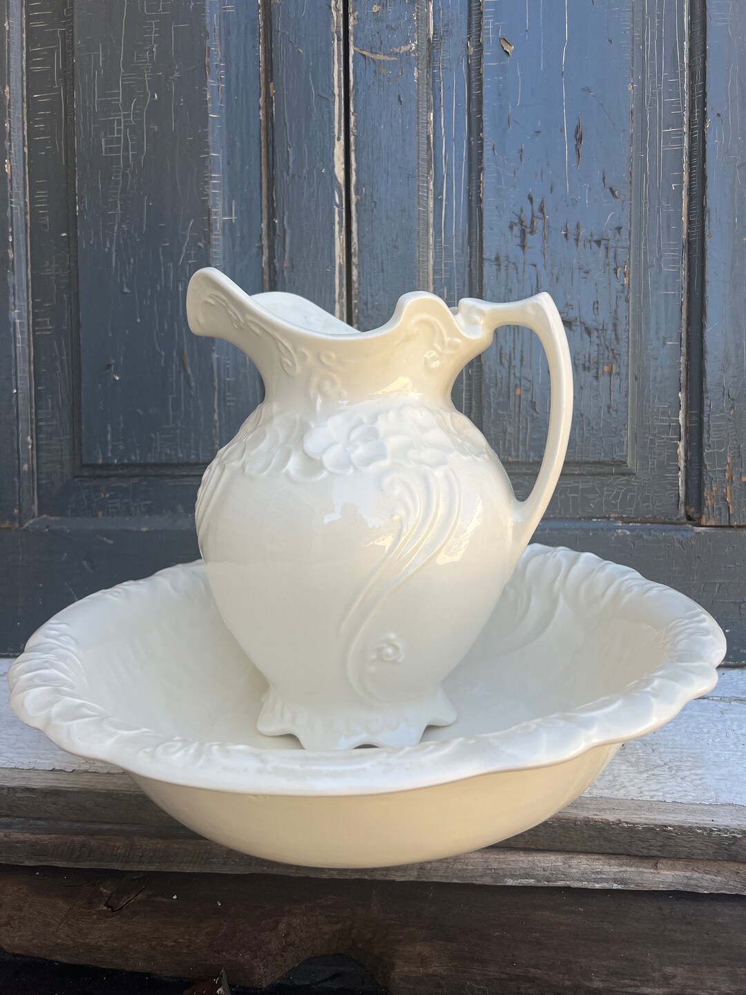 Vintage White Pitcher and Bowl, Shabby Chic Ceramic White Wash Basin ...