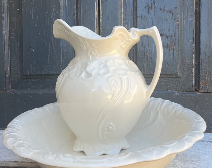 Vintage White Pitcher and Bowl, Shabby Chic Ceramic White Wash Basin ...