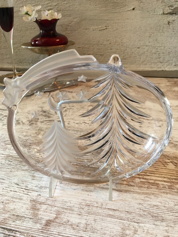 Vintage Christmas Glass Etched Candy Dish Etched Trees and | Etsy