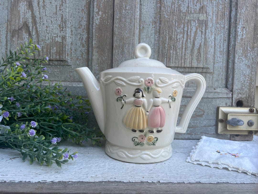 Vintage Porcelier White Teapot, Primitive White Pottery, Pink and Black ...