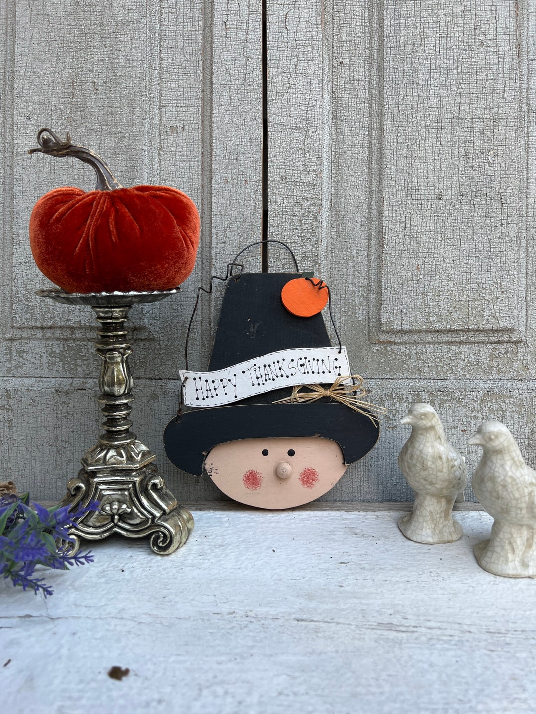 Thanksgiving Wood Sign, Pilgrim Door Hanger, Black and White Fall Decor ...