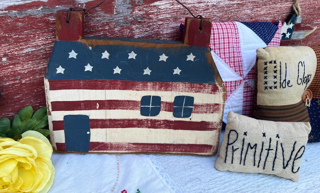RUSTIC WOODEN HOUSE, Patriotic Holiday Decor, Stars and Stripes Decor ...