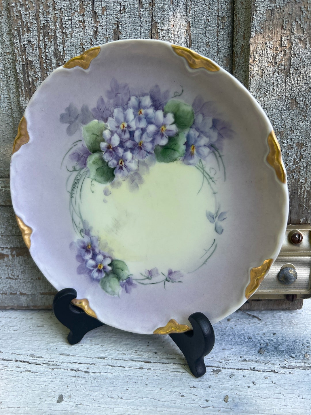 RARE Vintage Violet Plate, Purple Violets and Green Hand Painted Floral ...