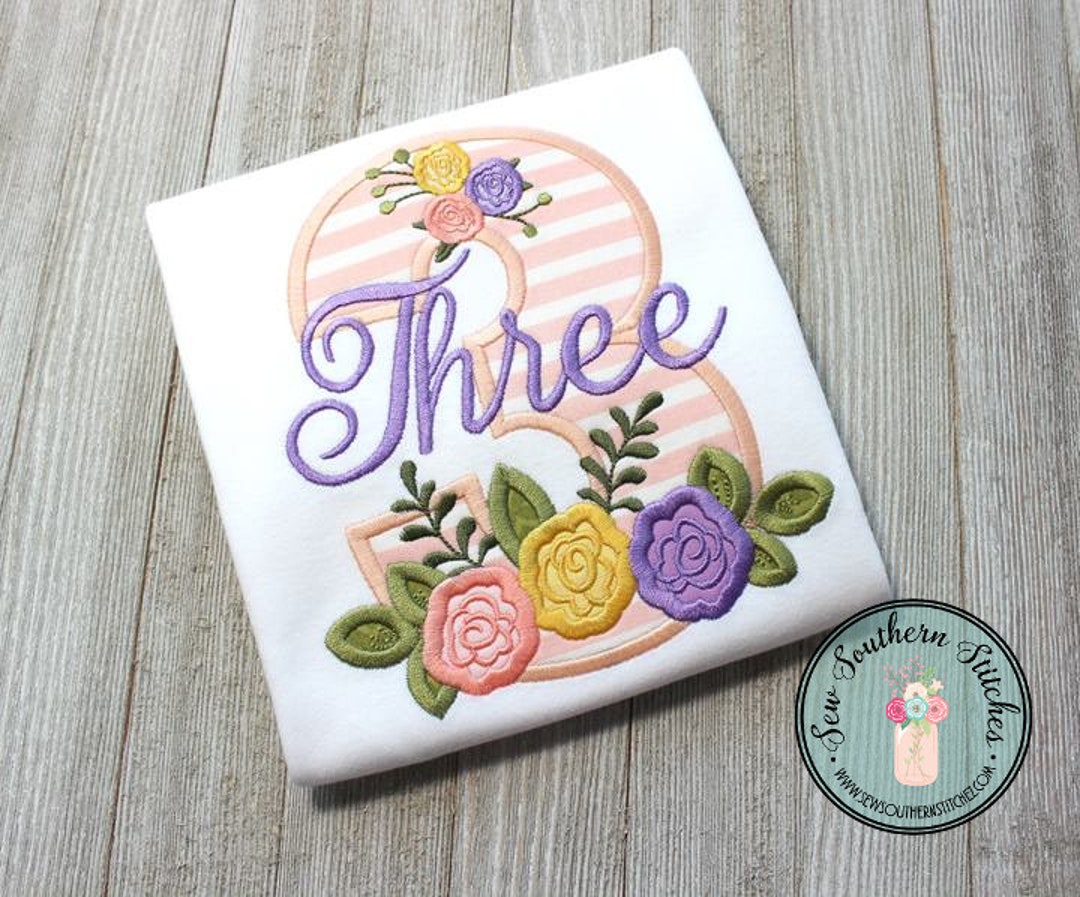 Floral Number 3 (three) Applique Design ~ Girly Boho Chick Birthday ...