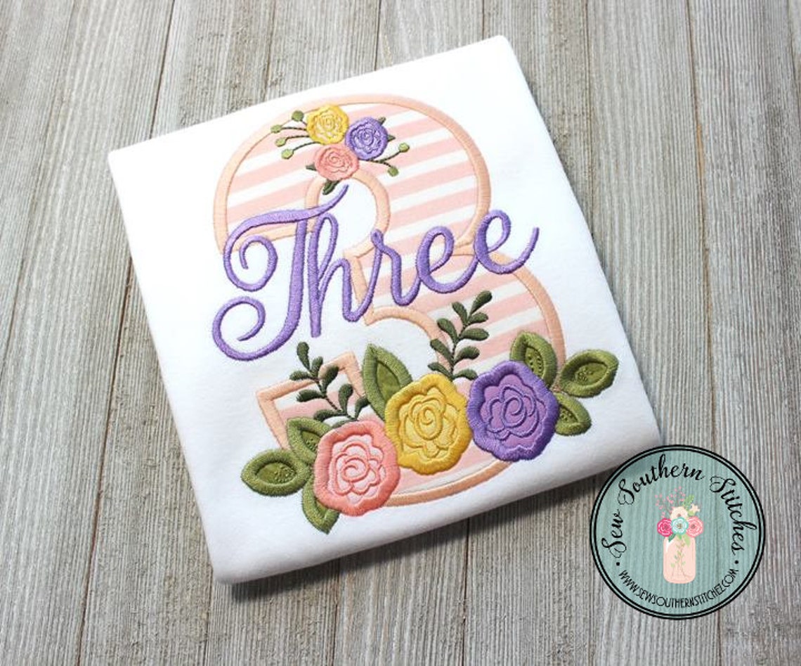 Floral Number 3 (three) Applique Design ~ Girly Boho Chick Birthday ...