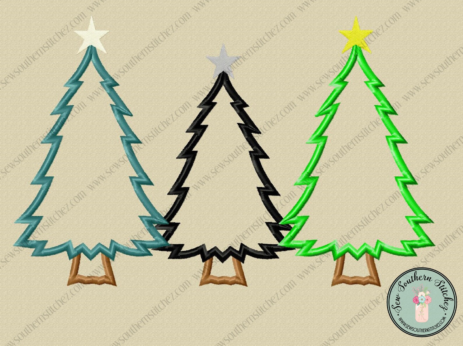 Three Christmas Trees in a Row Applique Design ~ 3 Trees in a Row ...